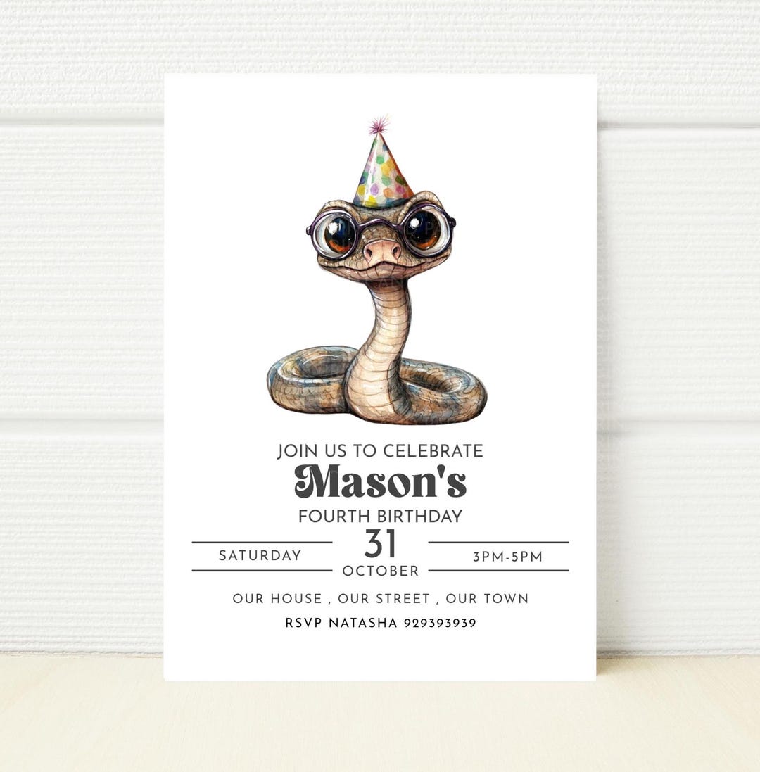 Snake Birthday Party Invitation Editable Template Cute Party Invite ...