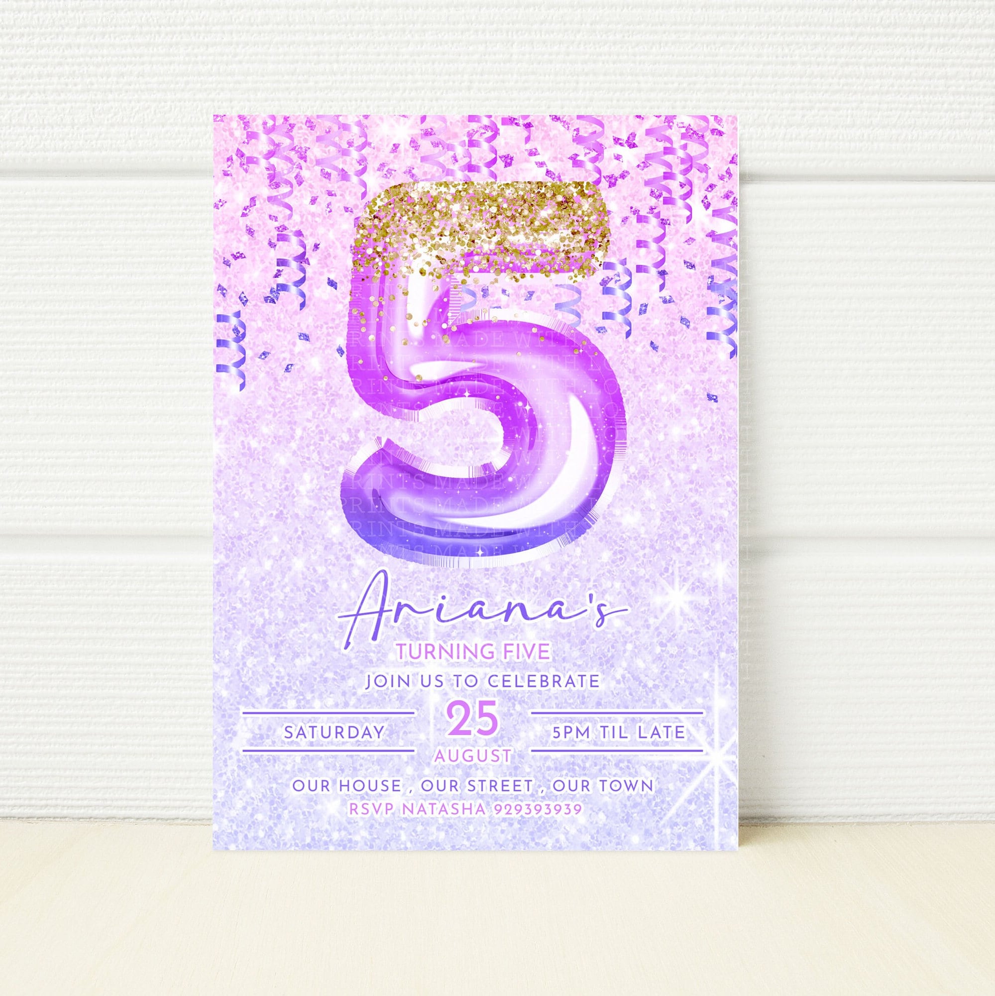 Editable Pink and Purple 5th Birthday Invitation First Birthday Invite ...