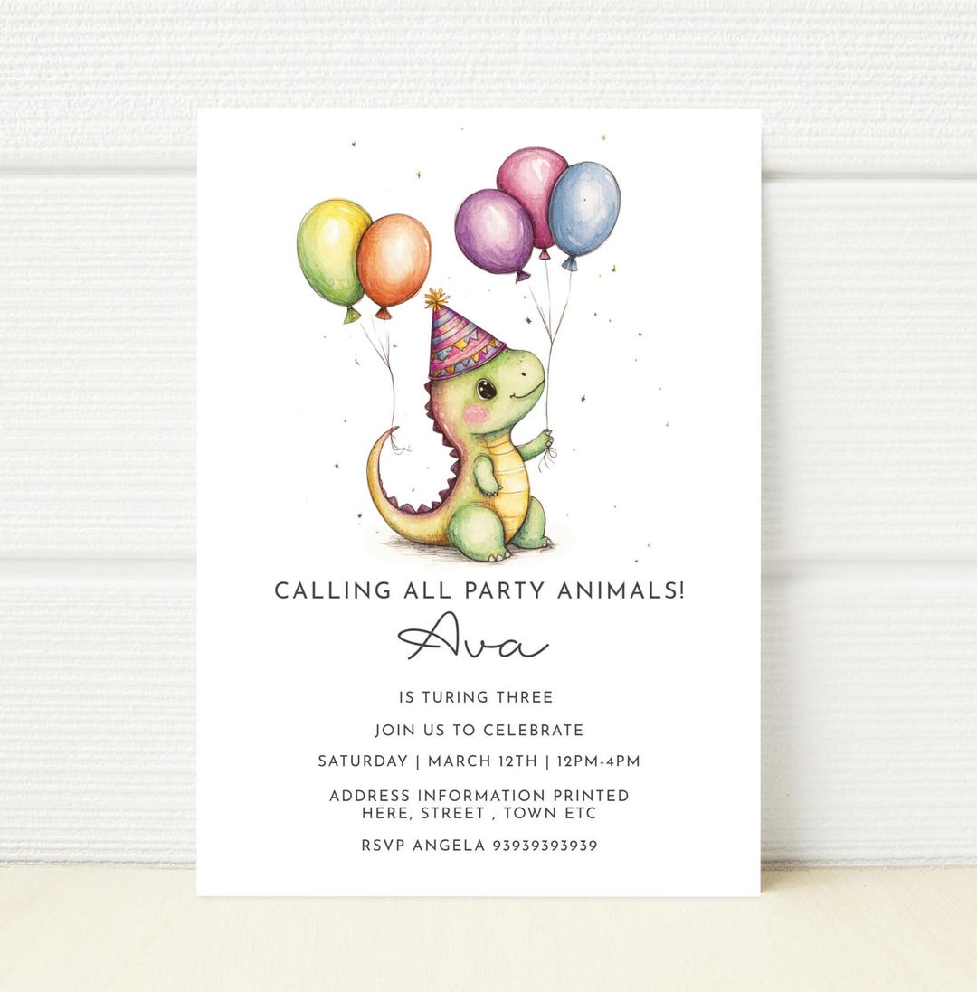 Green Dinosaur Birthday Invitation Editable Template Kawaii Minimalist ...