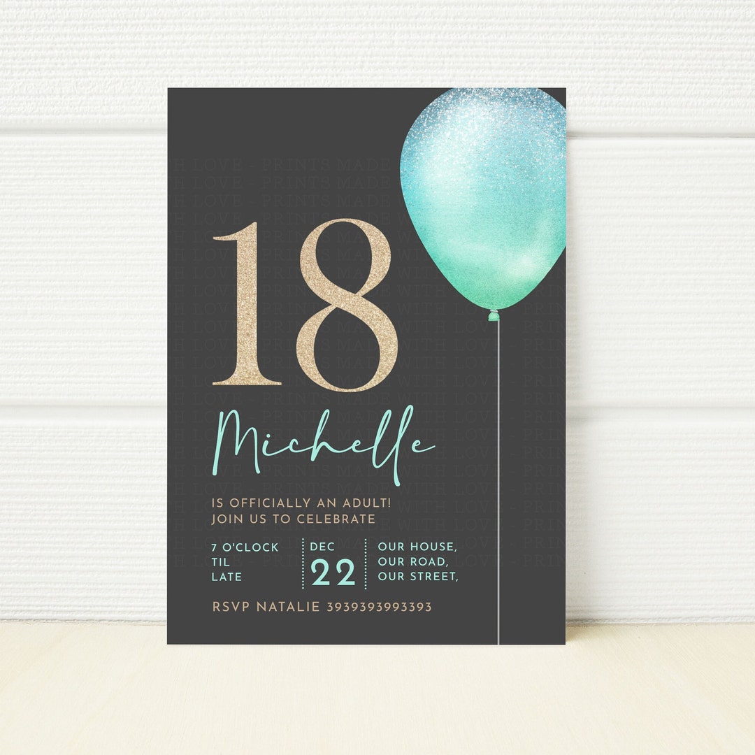 Editable 18th Birthday Party Invitation Minimalist Teal Gold Printable ...