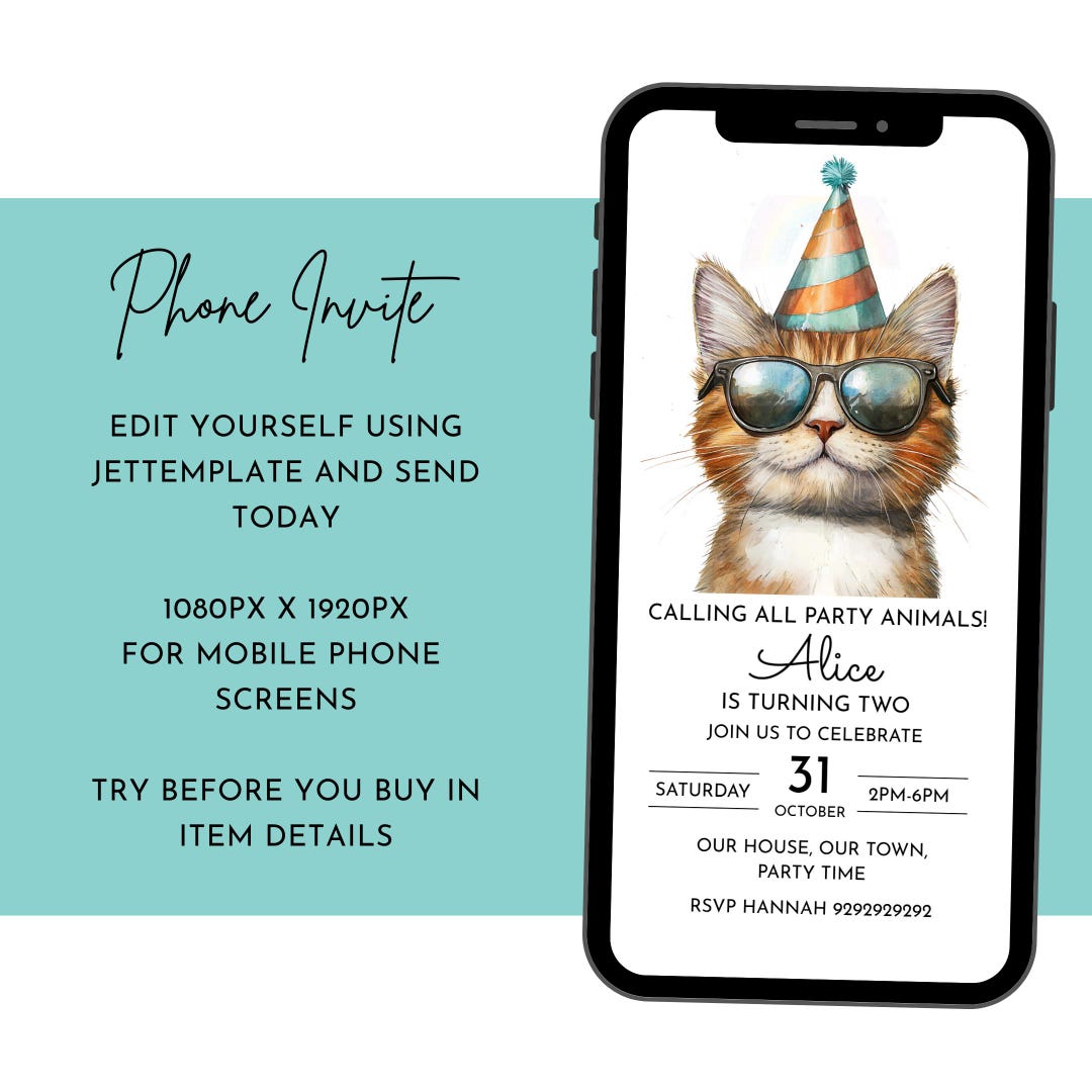 Editable Ginger Cat Birthday Party Invitation Pet Party Garden Park ...