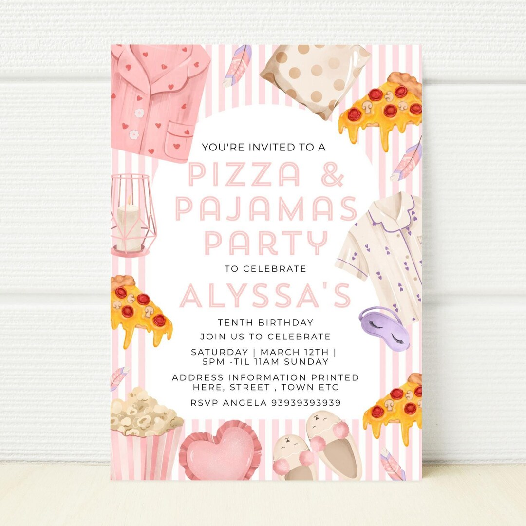 Editable Pizza and Pajamas Birthday Invitation Template Printable Movie ...