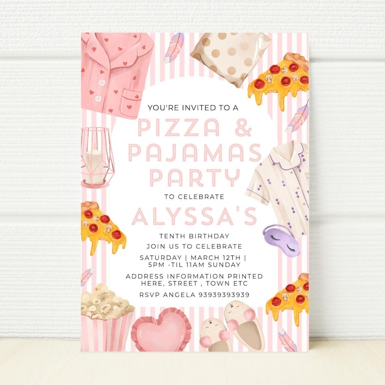 Editable Pizza and Pajamas Birthday Invitation Template Printable Movie ...