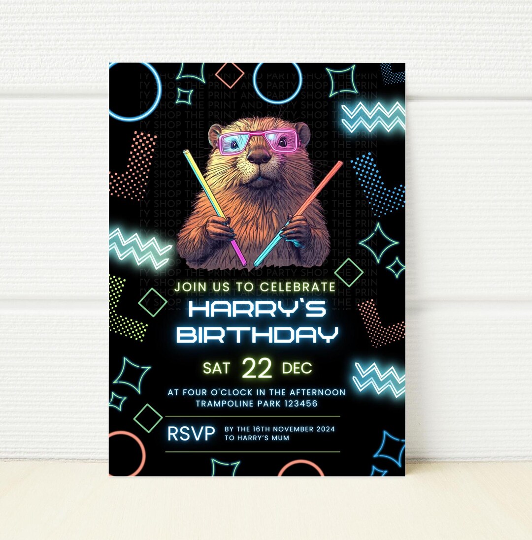 Beaver Neon Glow Laser Gaming Trampoline Birthday Party Invitation ...