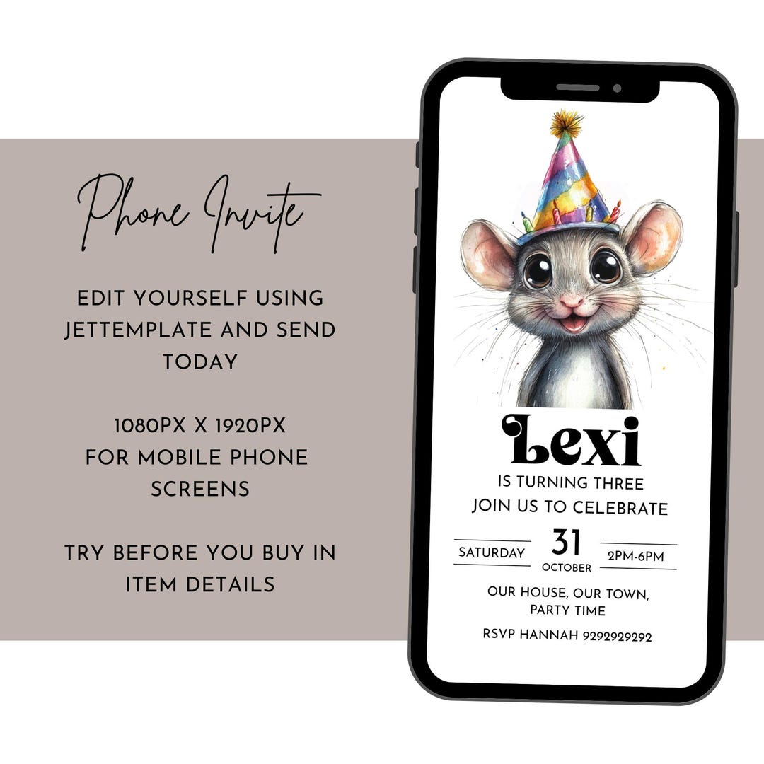 Editable Rat Pet Shop Birthday Party Invite Digital Invitation Mobile ...