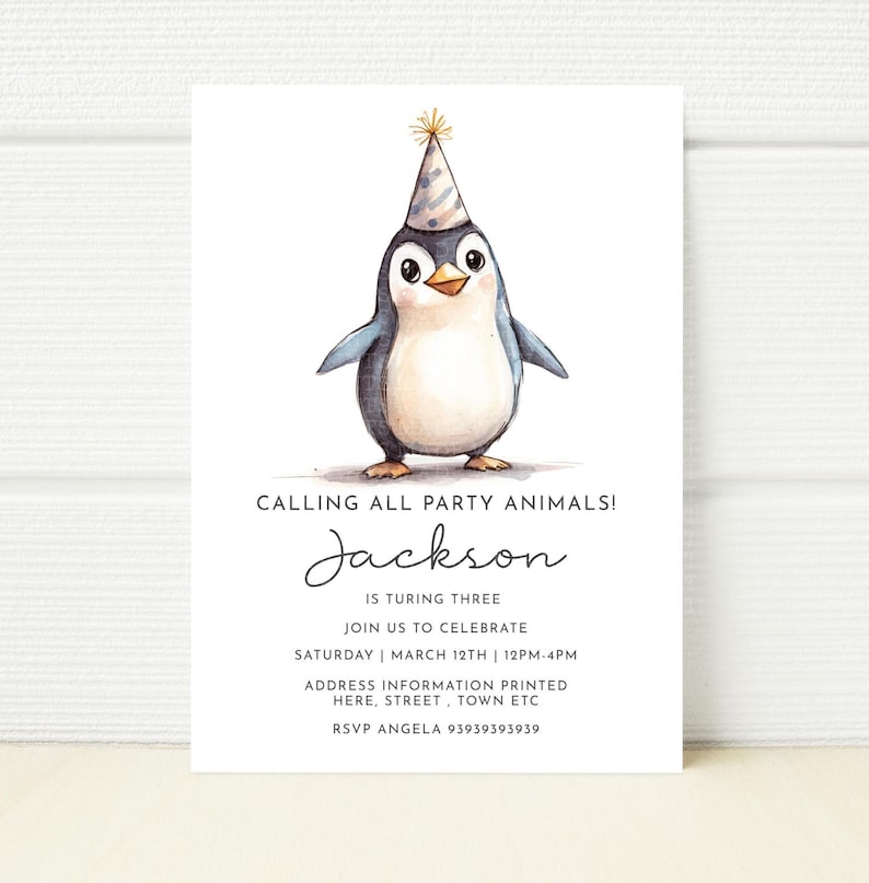Editable Penguin Birthday Party Woodland Invite Wild Phone Digital E ...