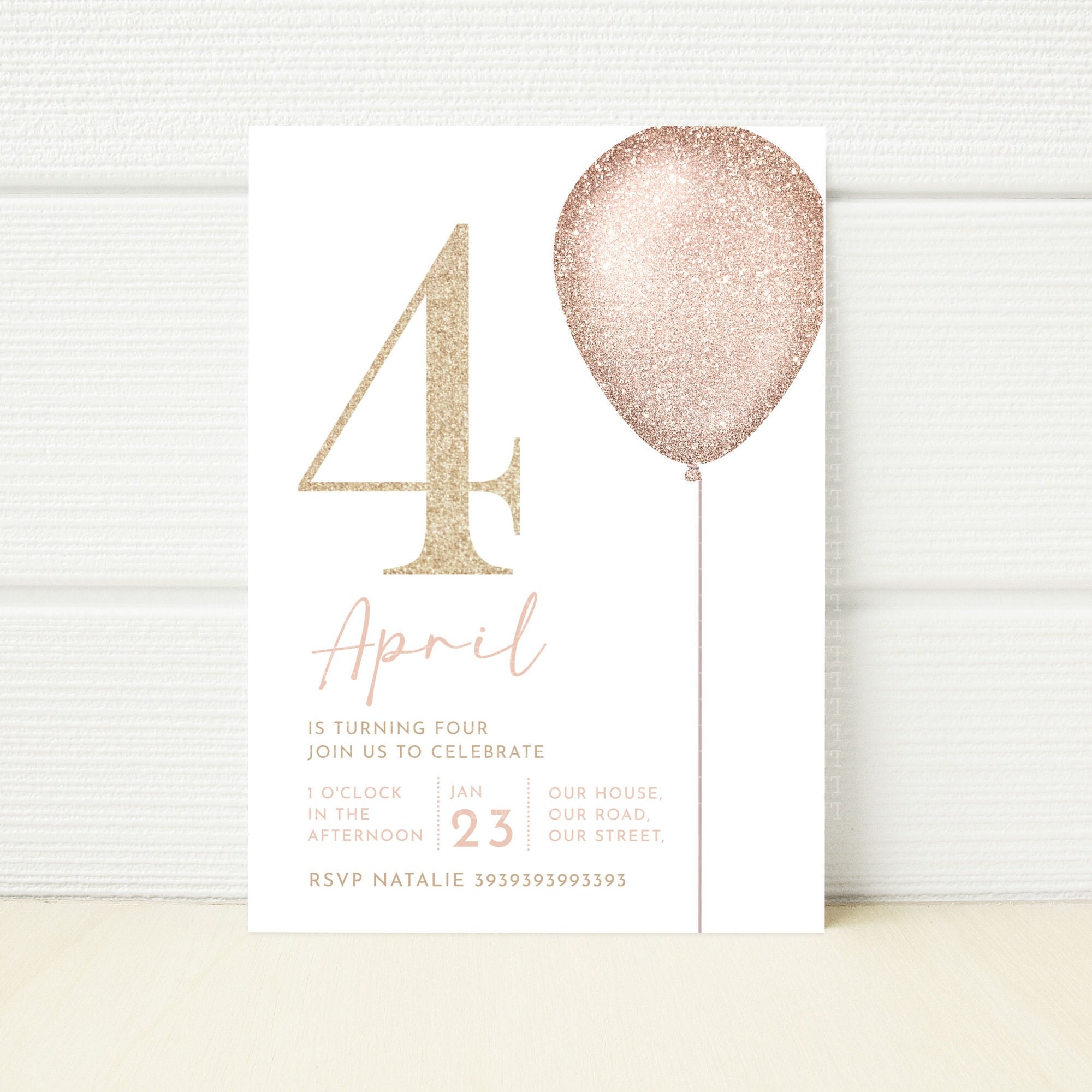 Editable 4th Birthday Party Invitation Simple Rose Gold Minimalist ...