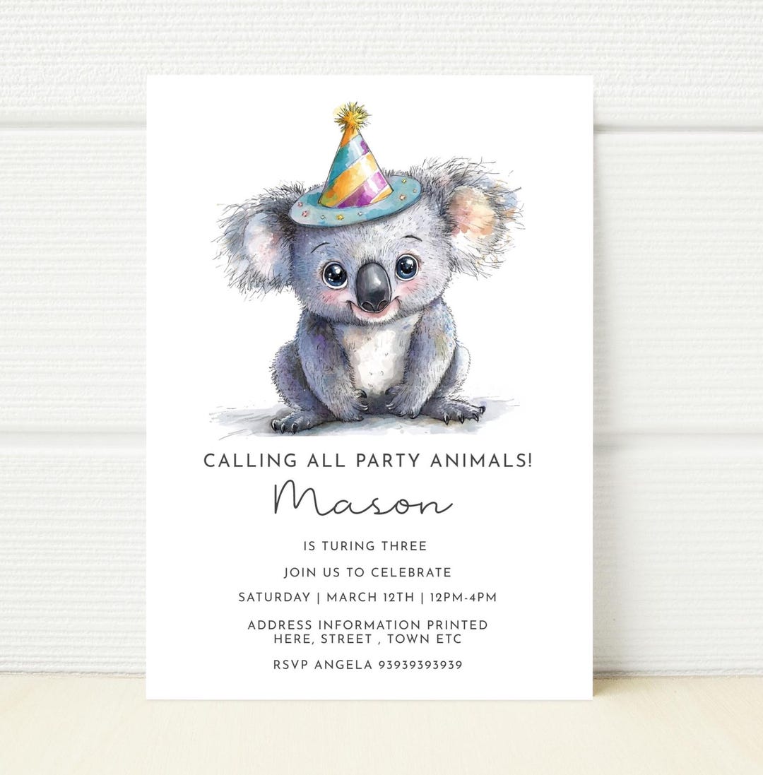 Koala Birthday Party Invitation Editable Template Party Invite Digital ...
