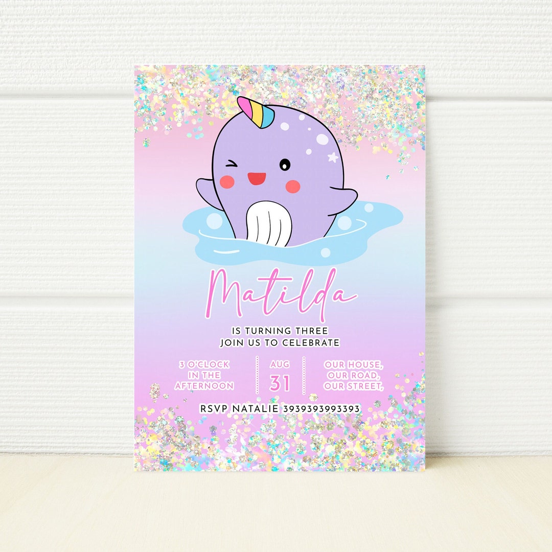 Editable Narwhal Birthday Invitation: Under the Sea Party (digital ...