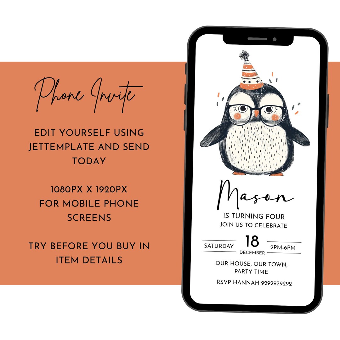 Penguin Birthday Mobile Invitation, Edit Yourself (digital) - Etsy