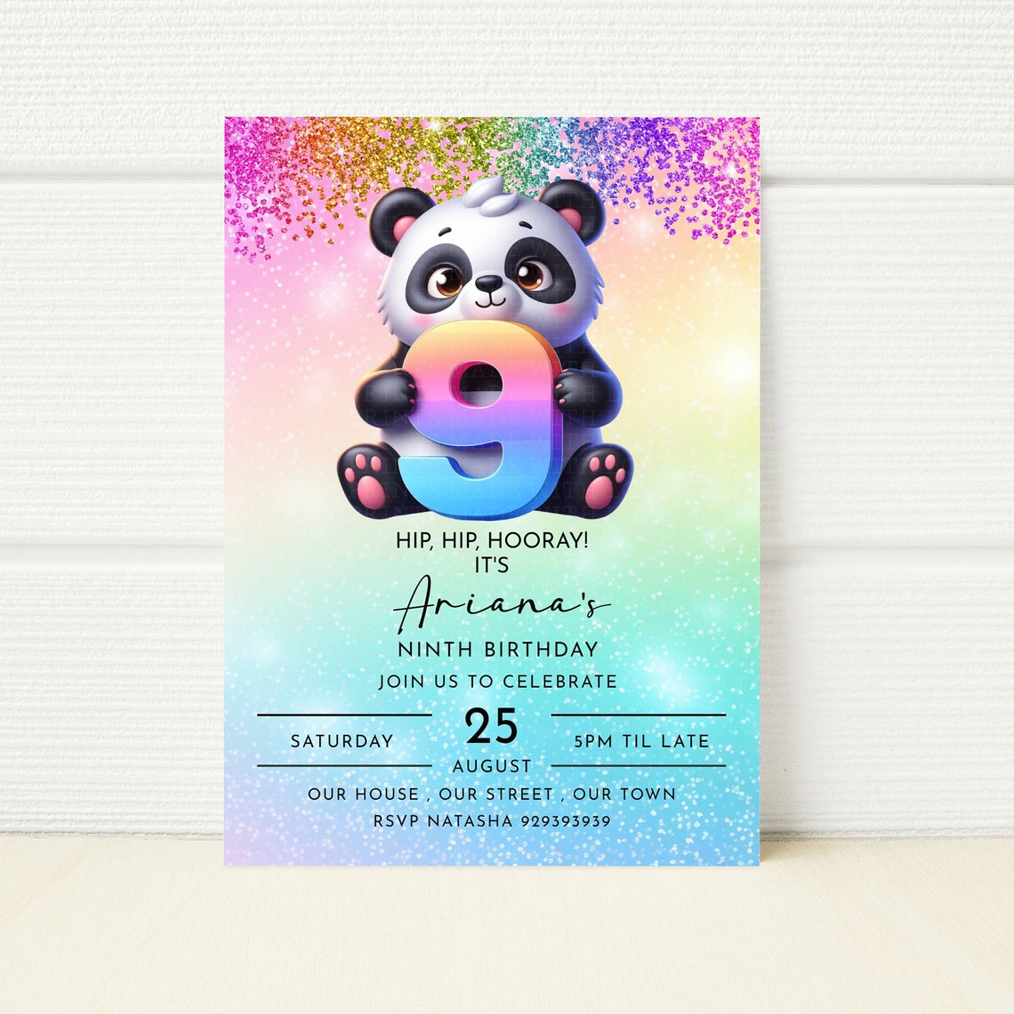 Editable Panda 9th Birthday Invitation Panda Party Rainbow Birthday ...