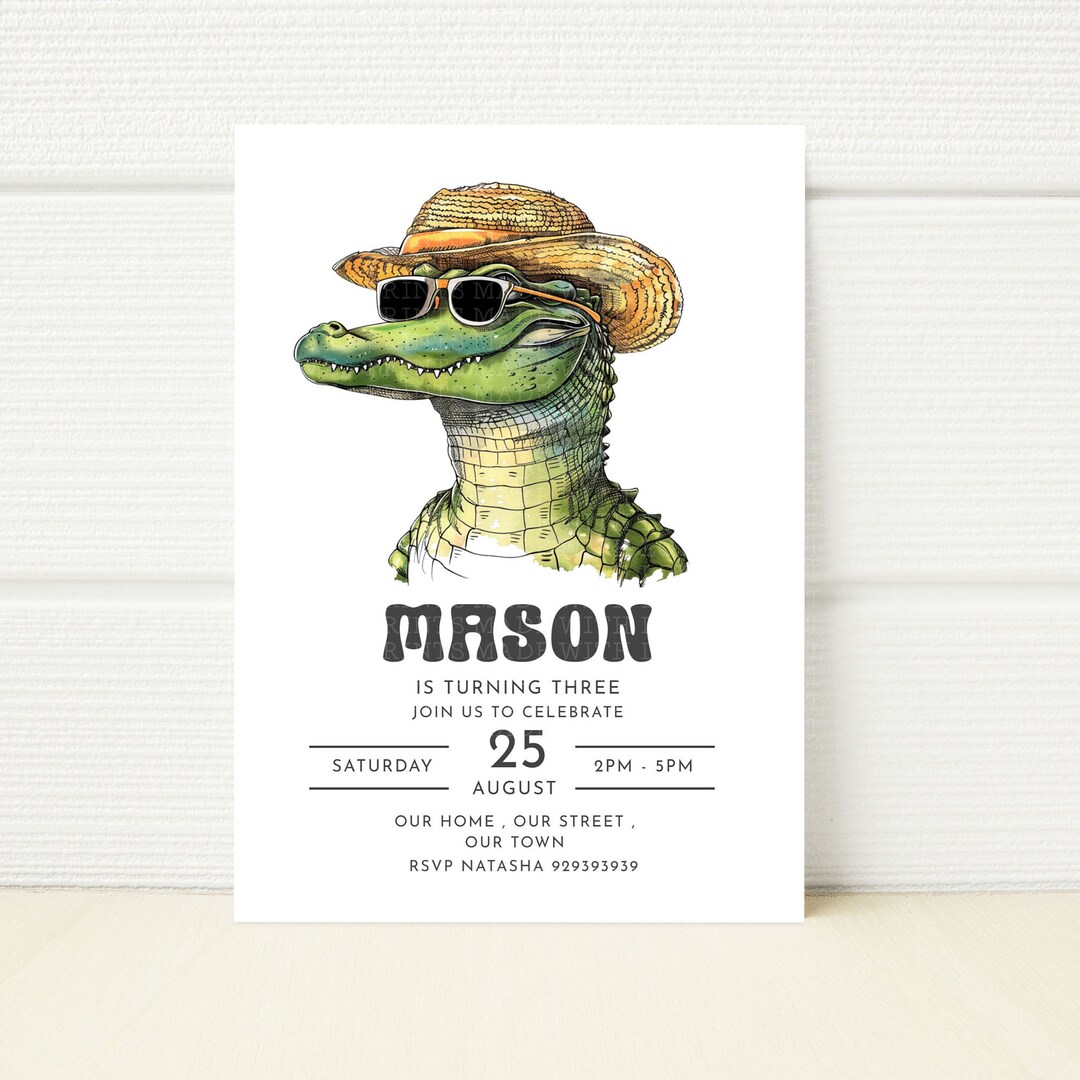 Alligator Birthday Invitation: Wild Jungle Party, Editable Text ...