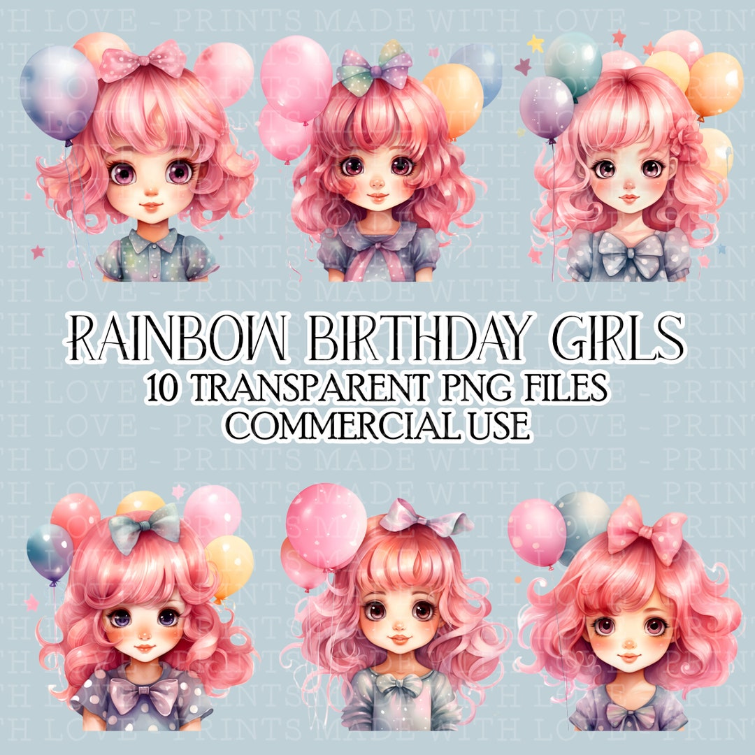 Rainbow Kawaii Birthday Girl Bundle 10 PNG Images Birthday Card Image ...