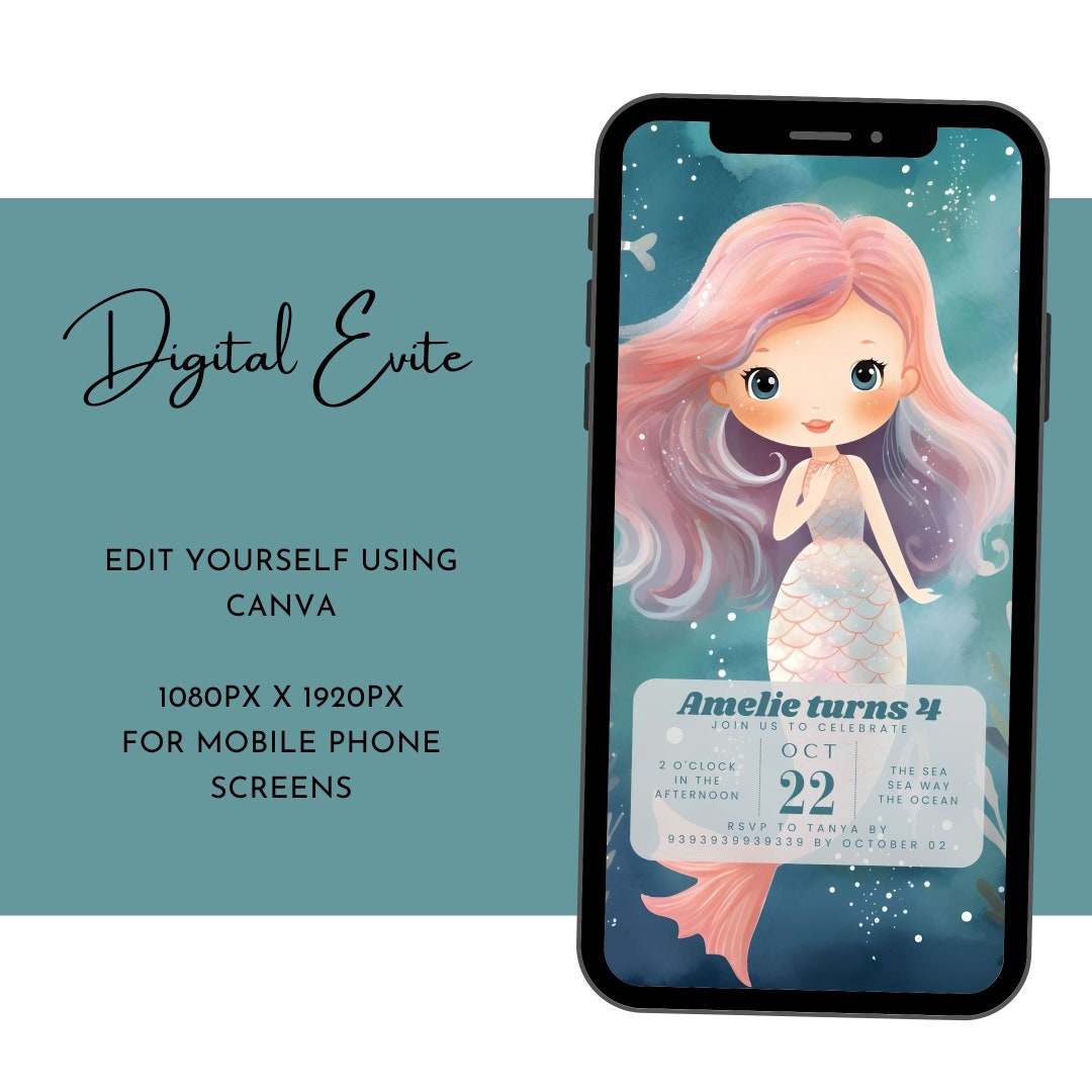 Editable Mermaid Birthday Digital Invitation Girl Under the Sea Any Age ...