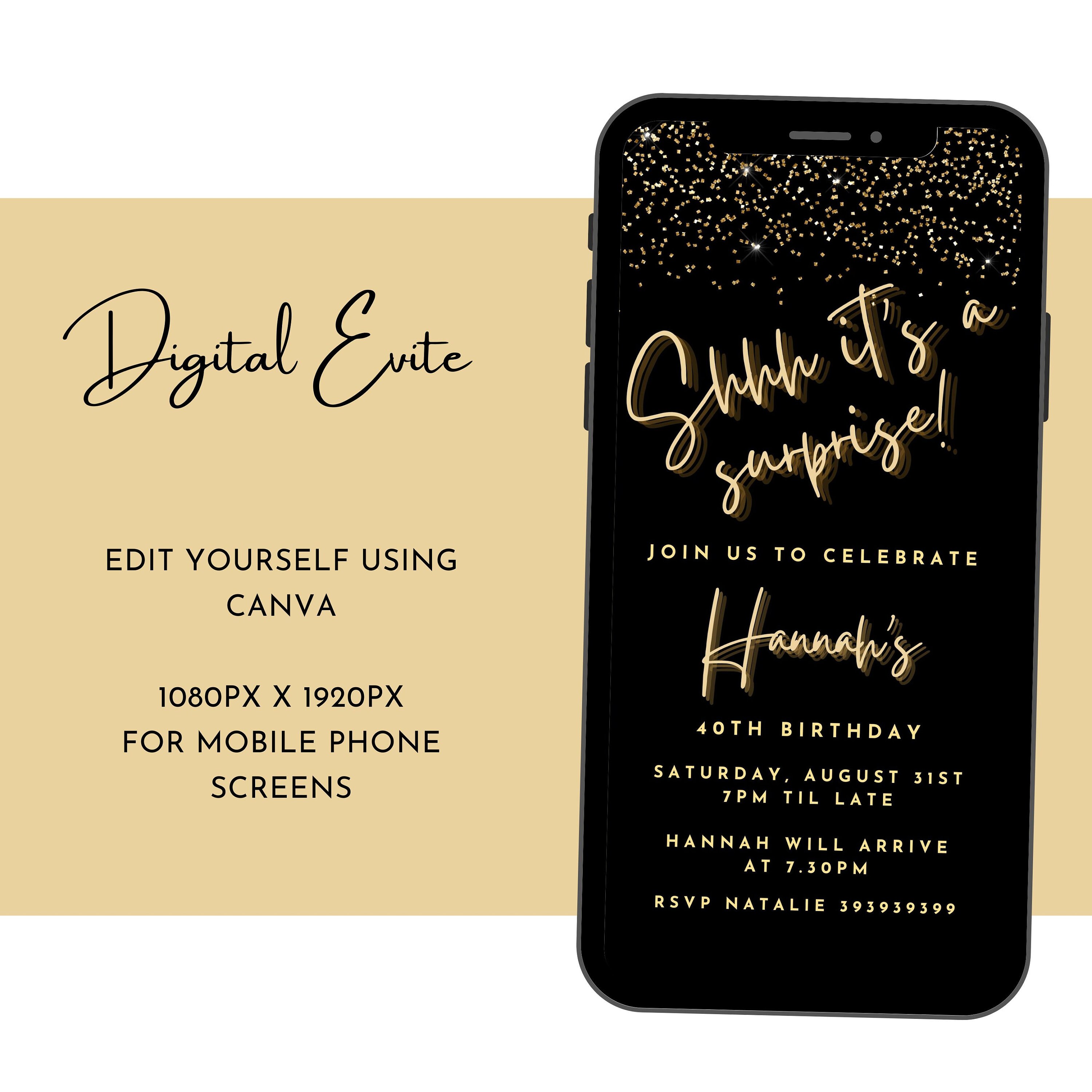 Editable Surprise Birthday Party Invitation Glow Party Black and Gold ...