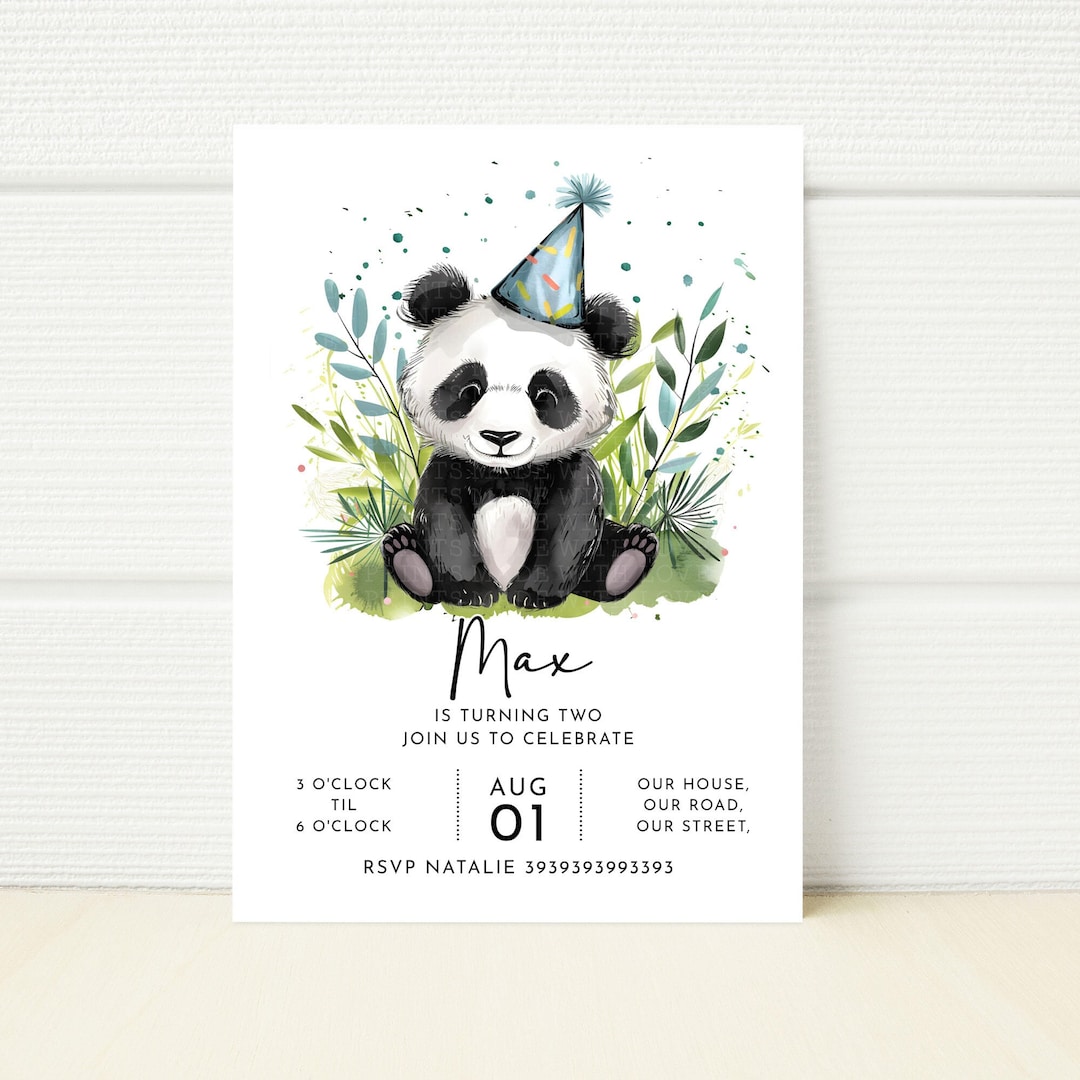 Editable Panda Birthday Party Invitation Minimalist Simple Invite Wild ...