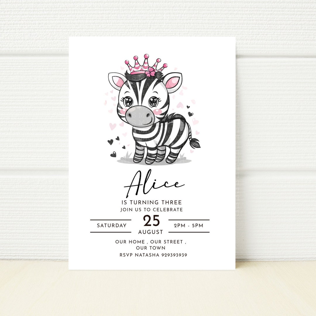 Editable Zebra Birthday Wild Party Invitation Phone Digital E ...