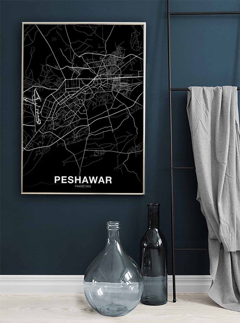 PESHAWAR Pakistan Map Poster Black White Hometown City Print Modern ...