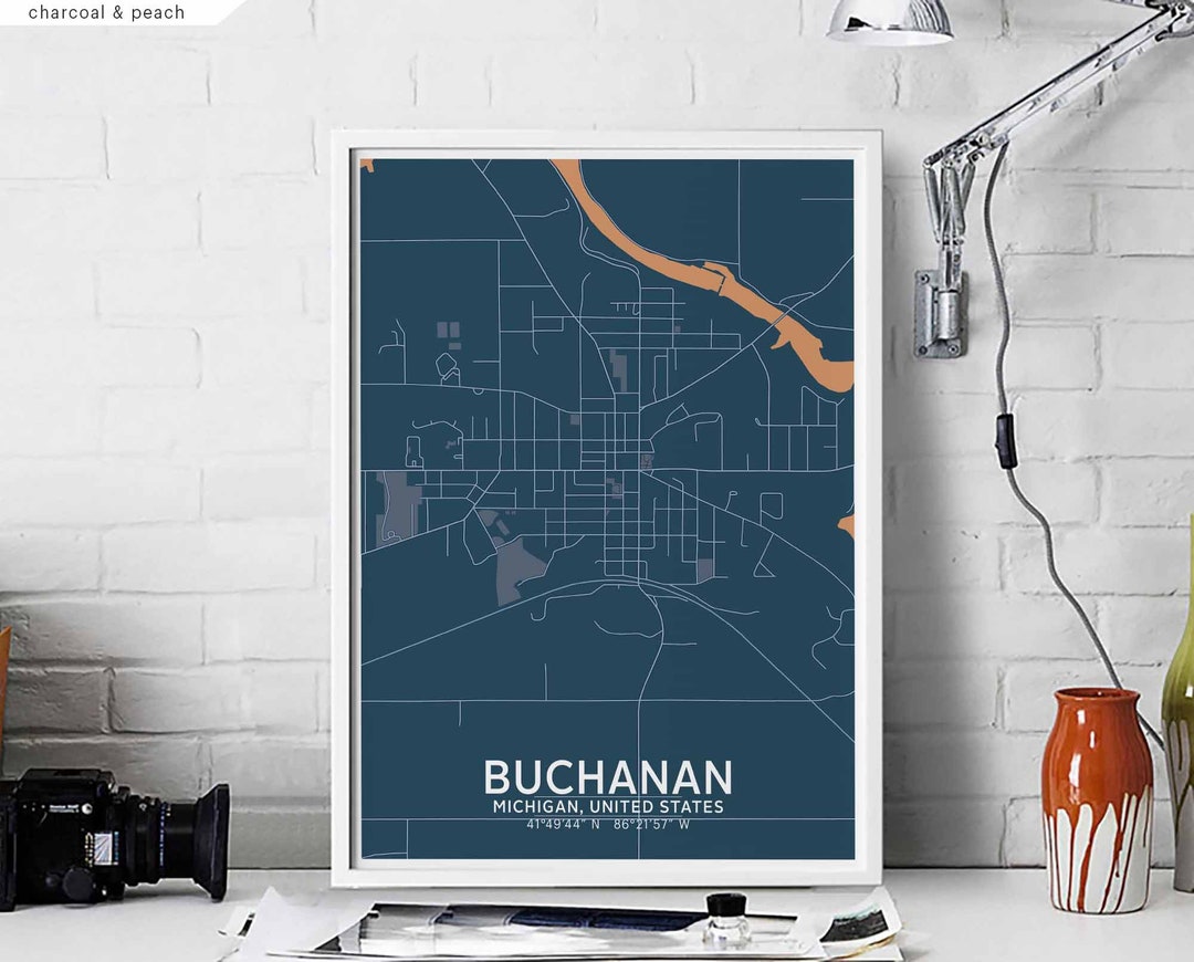 BUCHANAN Michigan USA Map Poster Black White Hometown City Print Modern ...