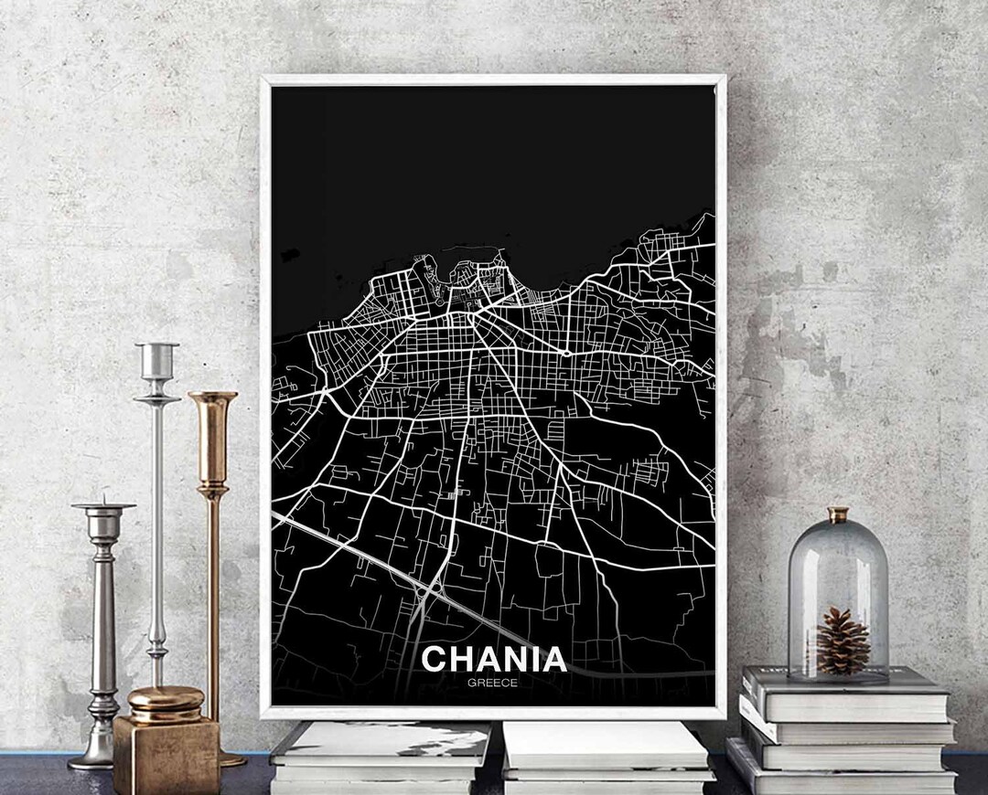 CHANIA Greece Map Poster Black White Hometown City Print Modern Home ...