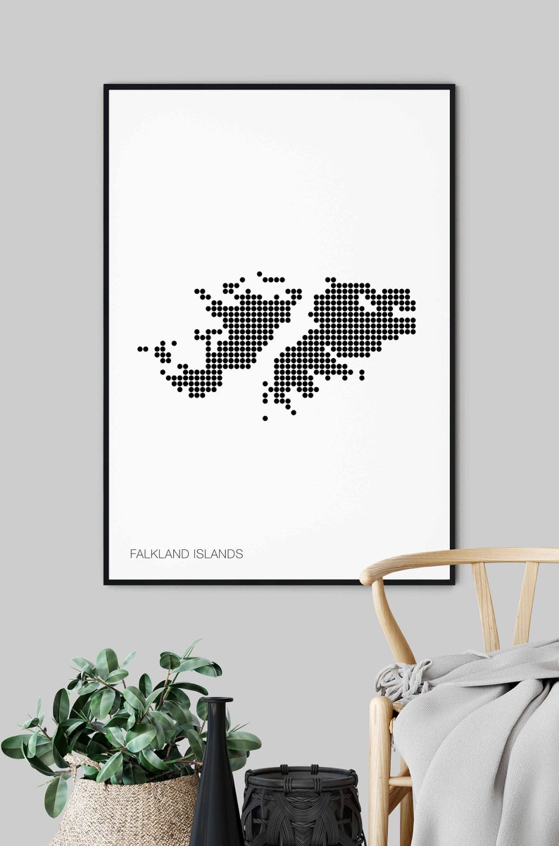 FALKLAND ISLANDS Minimal Dots Retro Map Poster Black White Wall Decor ...