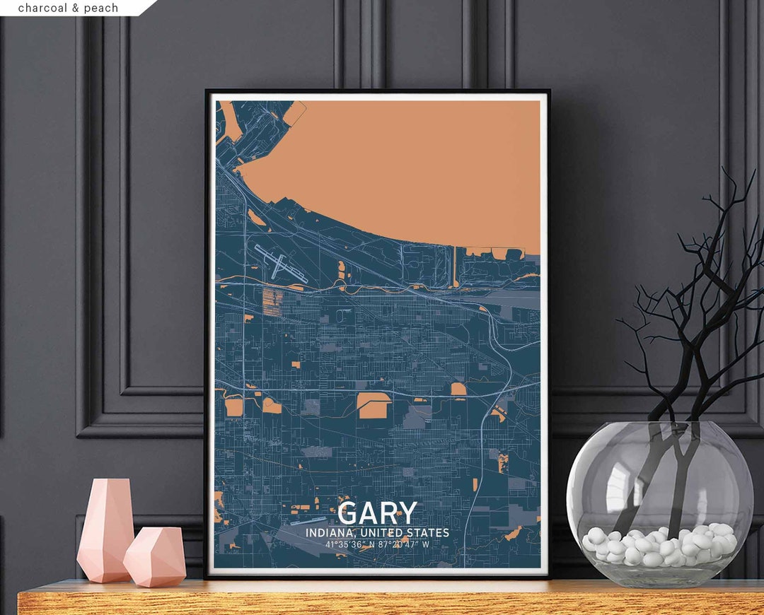 GARY Indiana Usa Map Poster Black White Hometown City Print Modern Home ...