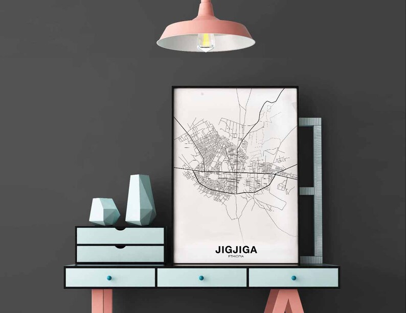 JIGJIGA Ethiopia Map Poster Black White Hometown City Print Modern Home ...