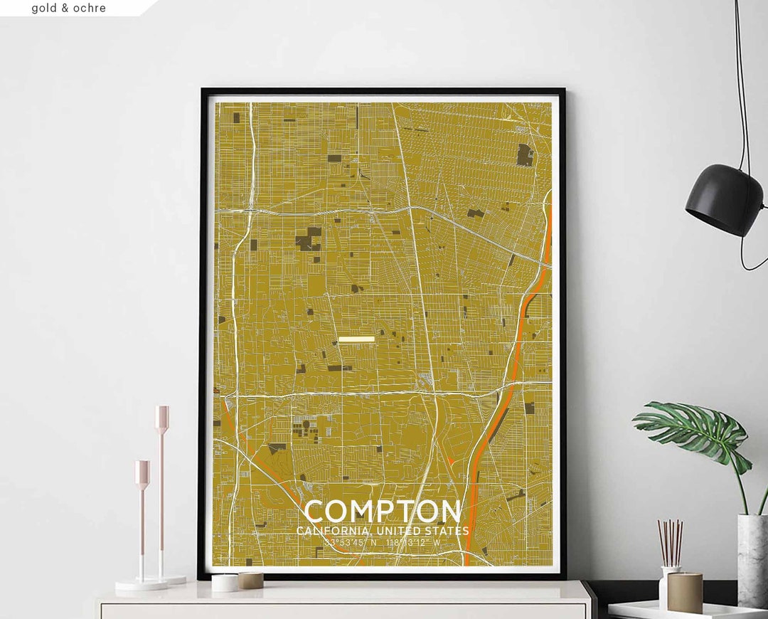 COMPTON California USA Map Poster Black White Hometown City Print ...