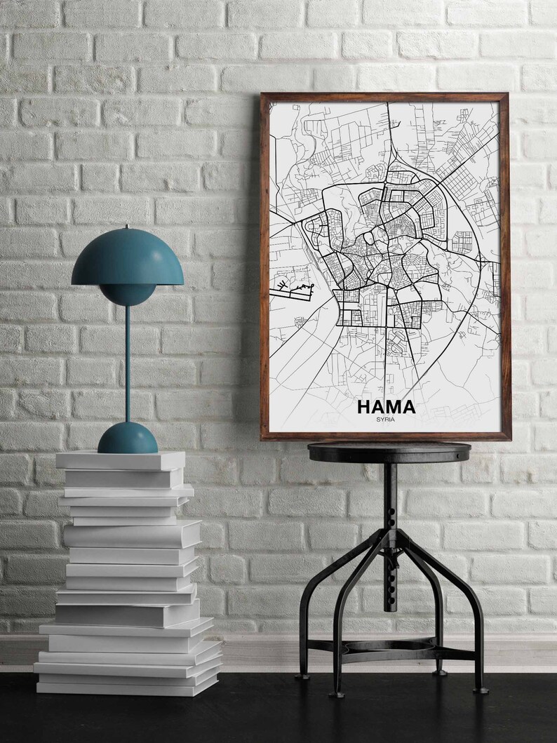 HAMA Syria Map Poster Black White Hometown City Print Modern Home Decor ...