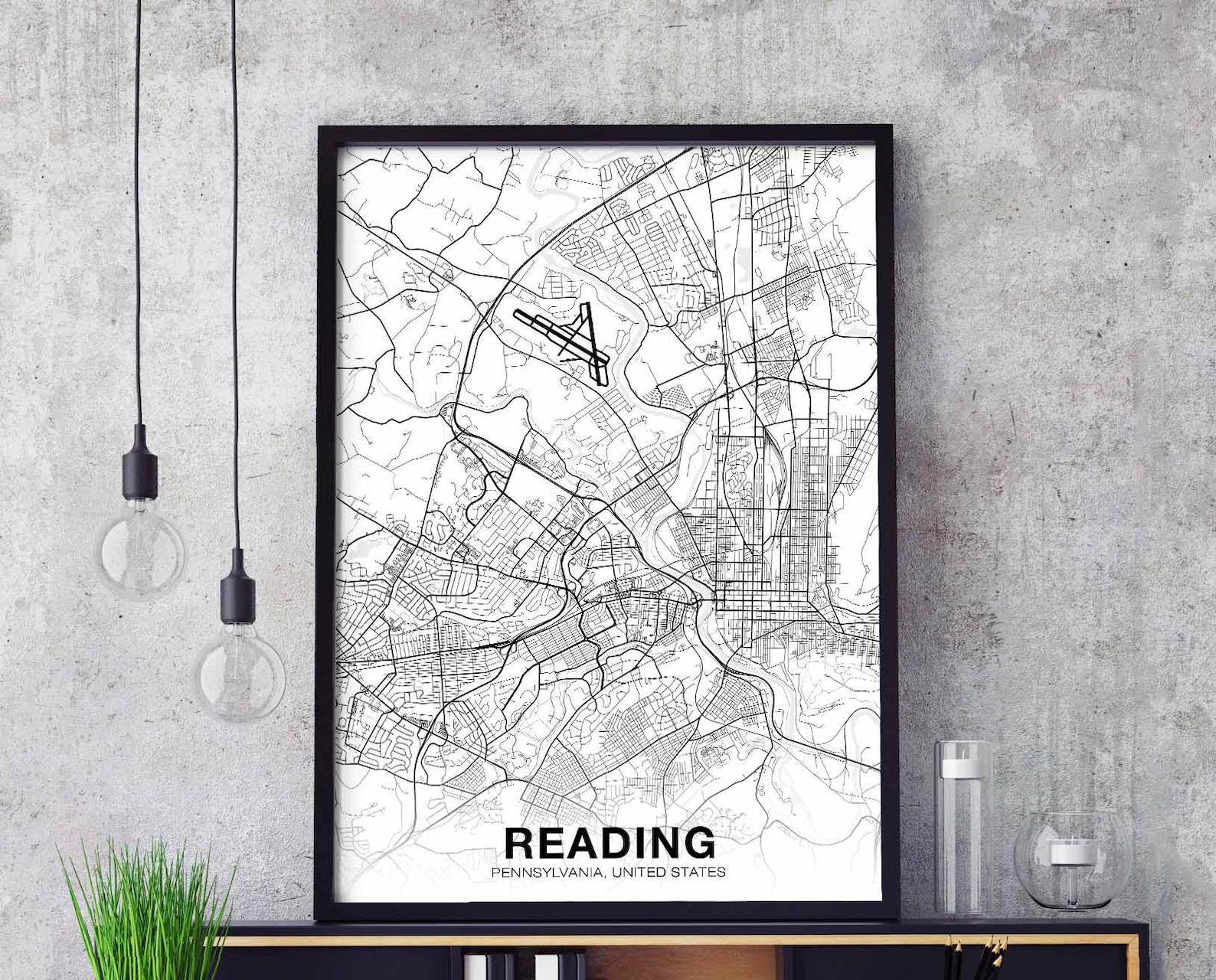 READING Pennsylvania PA USA Map Poster Black White Hometown City Print ...