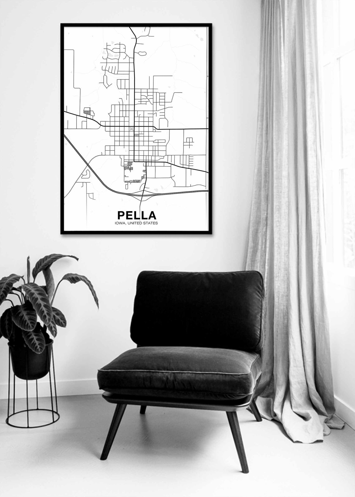 PELLA Iowa IA USA Map Poster Black White Hometown City Print Modern ...