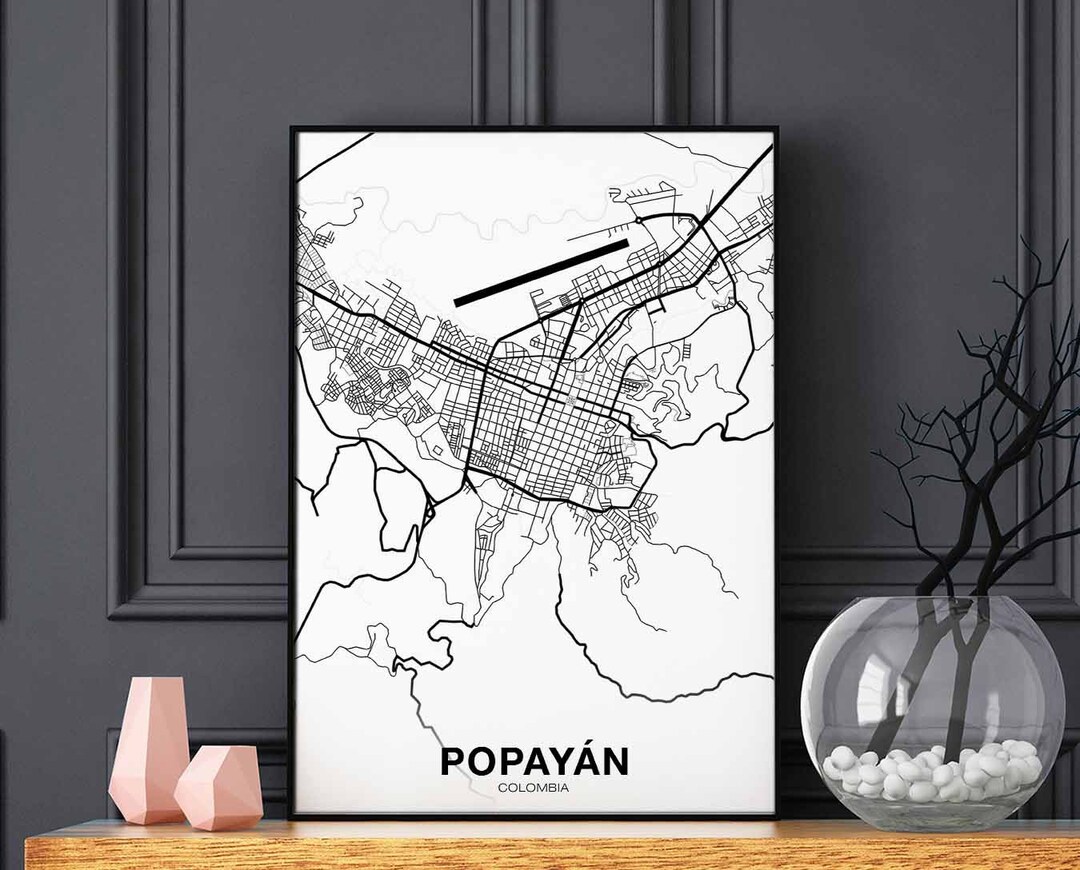 POPAYAN Colombia Map Poster Black White Hometown City Print Modern Home ...