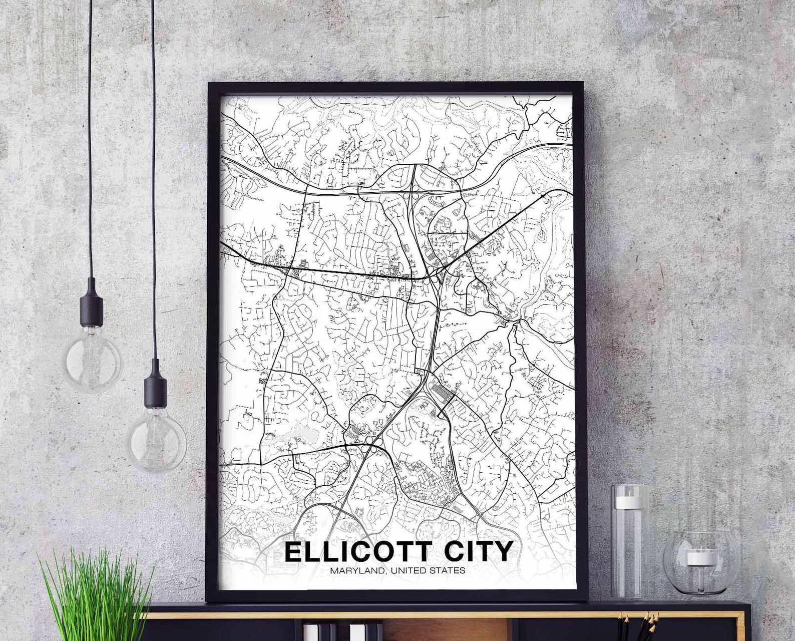 ELLICOTT CITY Maryland MD Usa Map Poster Black White Hometown City ...