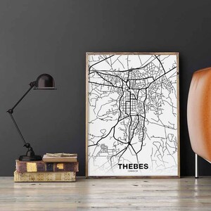 THEBES Greece Map Poster Black White Hometown City Print Modern Home ...
