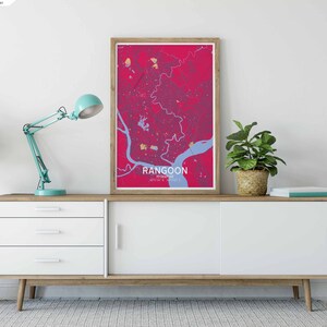 RANGOON Myanmar Map Poster Black White Hometown City Print Modern Home ...