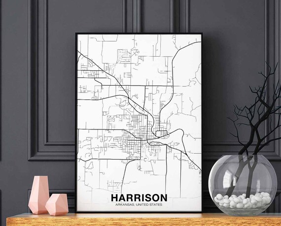 Prints Letterpress Prints HARRISON Arkansas usa map poster black white ...