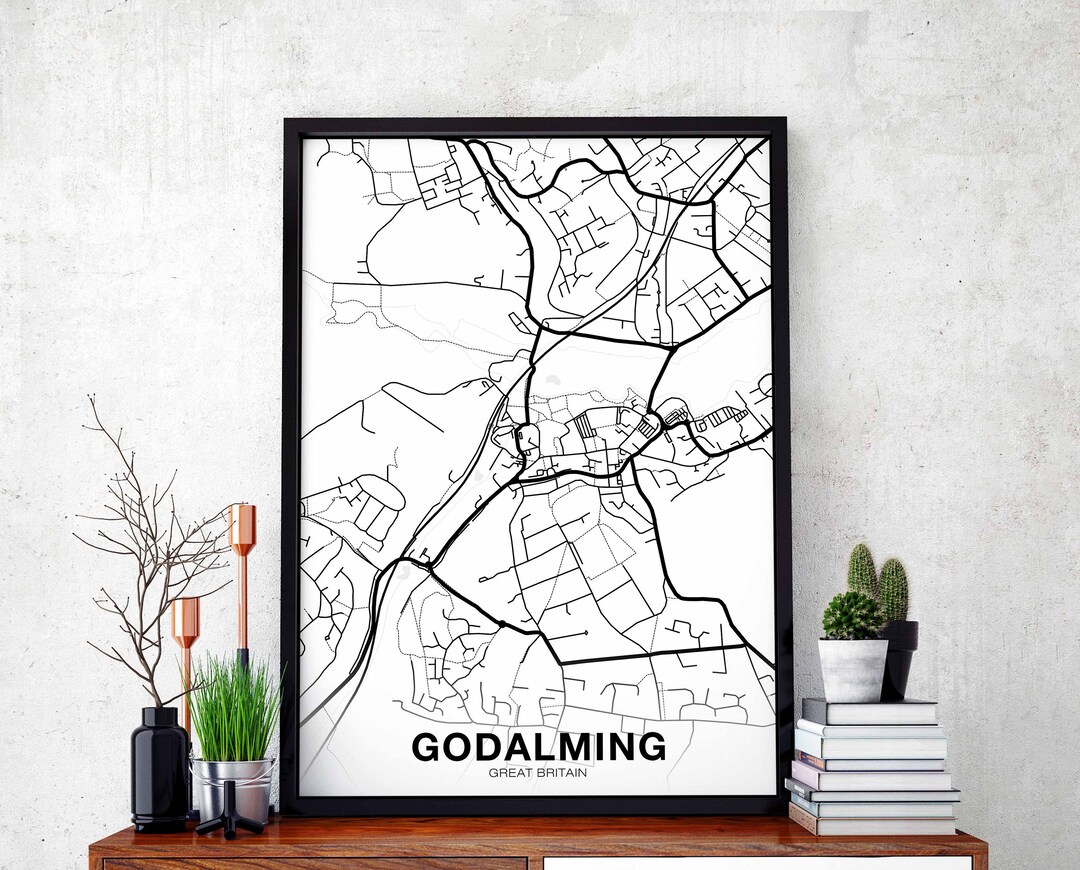 GODALMING Great Britain GB UK Map Poster Black White Hometown City ...