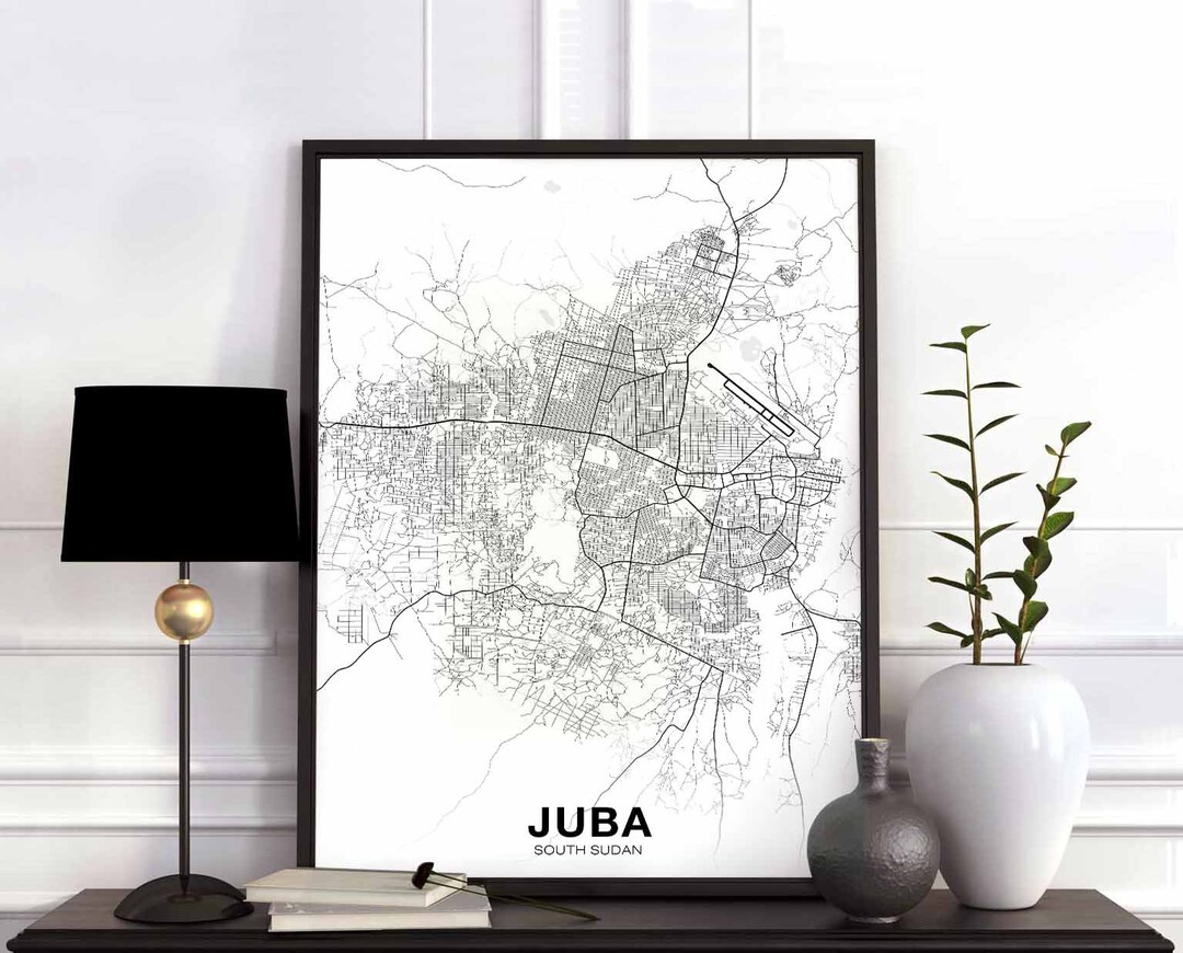 JUBA South Sudan Map Poster Black White Hometown City Print Modern Home ...