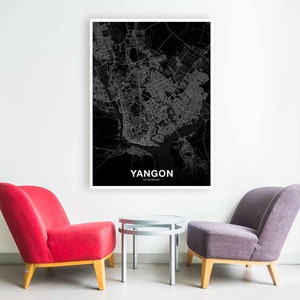 YANGON Myanmar Rangoon Burma Map Poster Black White Hometown City Print ...