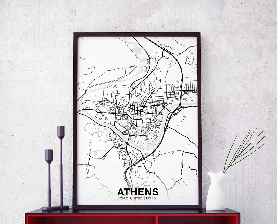 ATHENS Ohio OH US Map Poster Black White Hometown City Print Modern ...