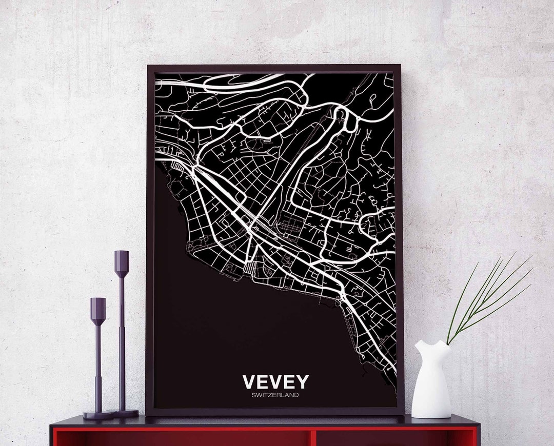 VEVEY Switzerland Map Poster Black White Hometown City Print Modern ...