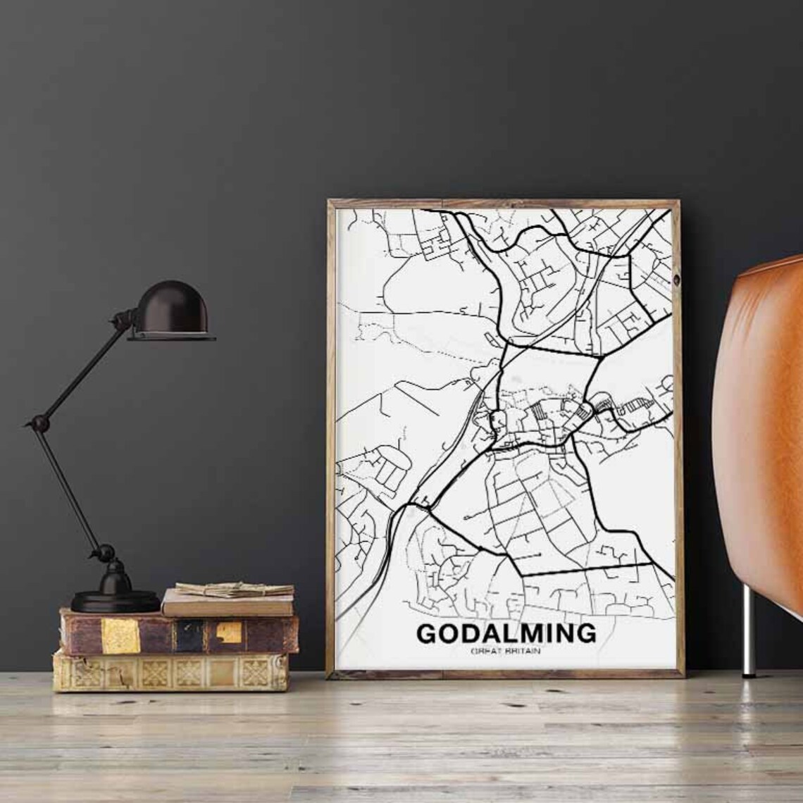 GODALMING Great Britain GB UK Map Poster Black White Hometown City ...