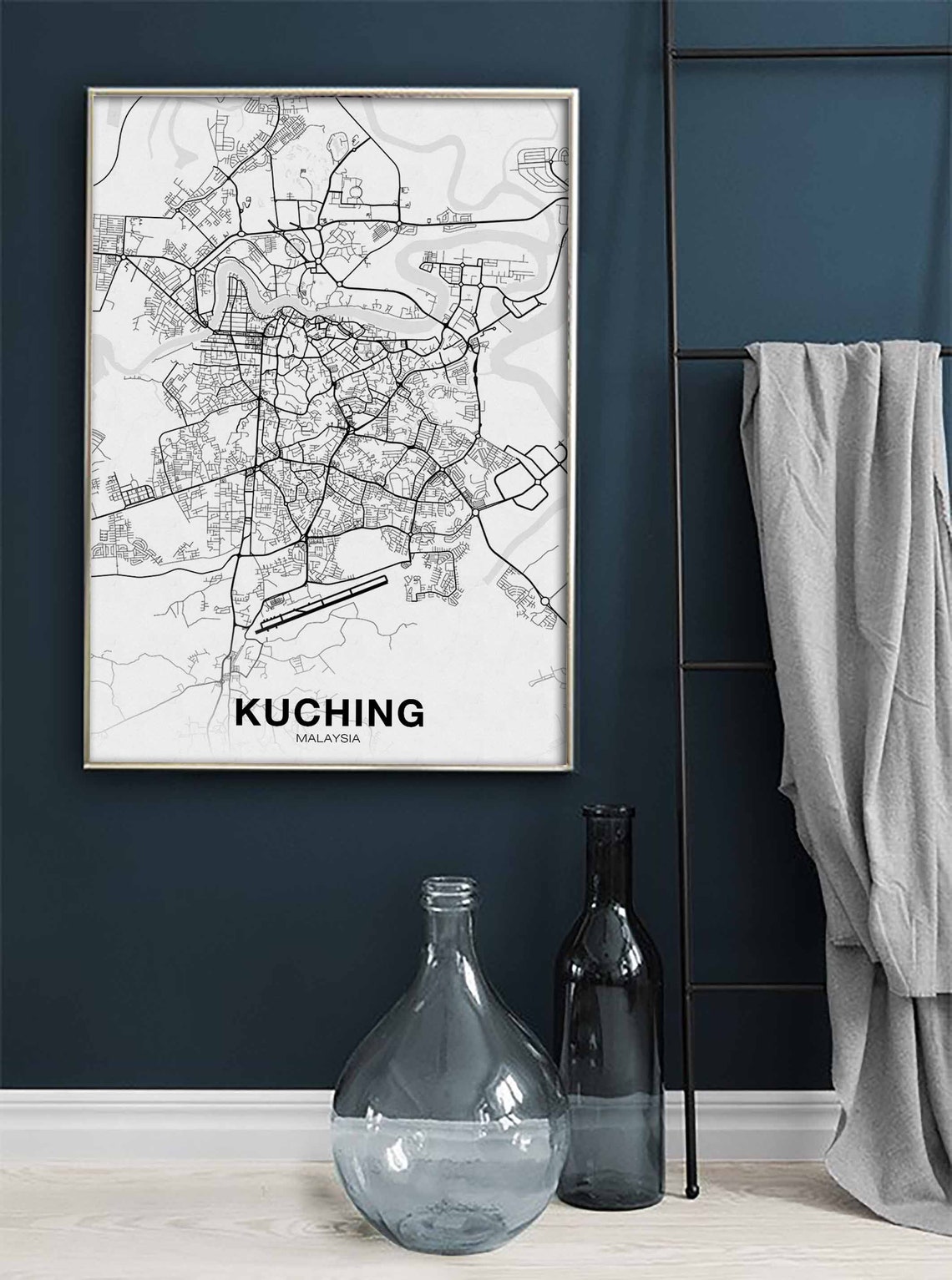 KUCHING Malaysia Map Poster Black White Hometown City Print Modern Home ...