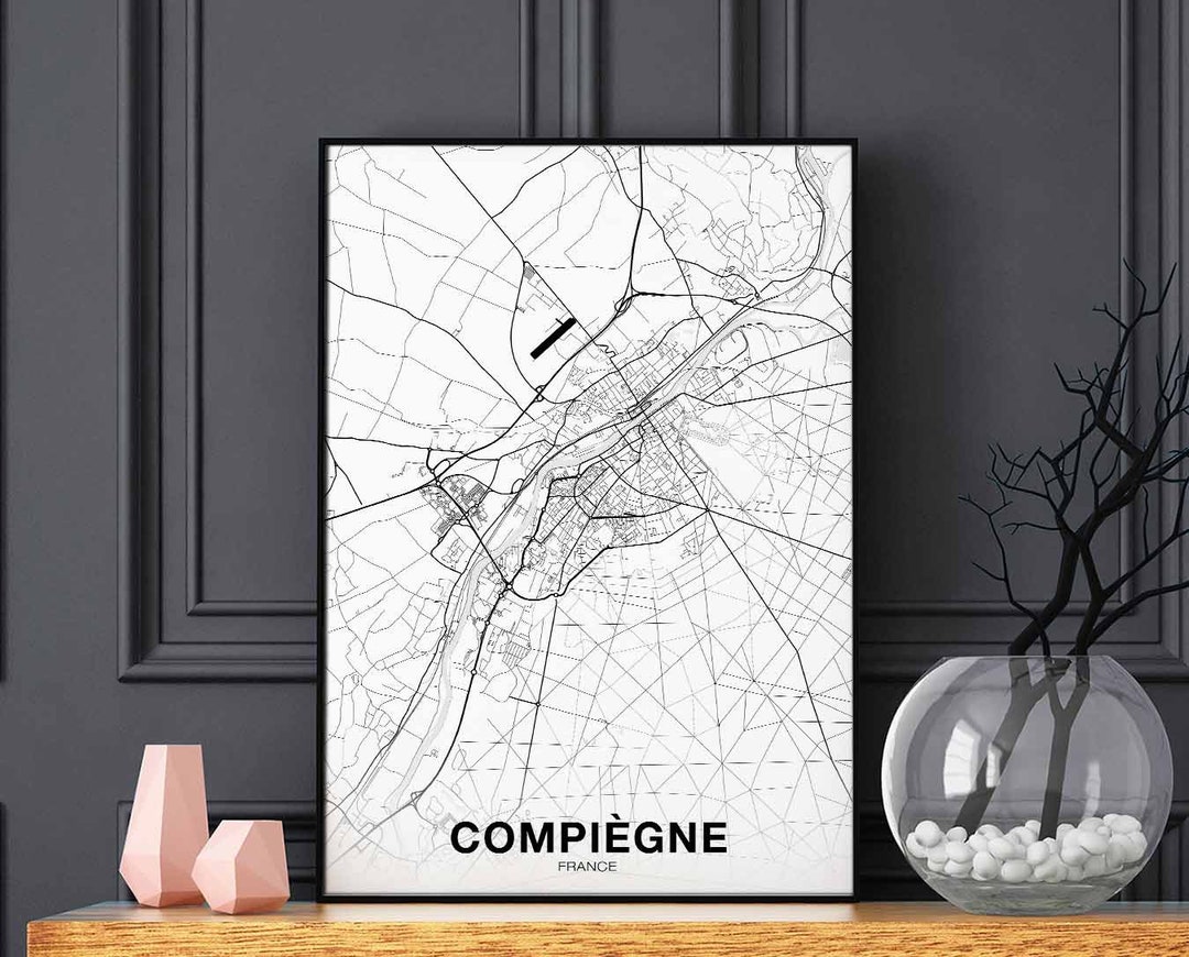 COMPIEGNE France Map Poster Black White Hometown City Print Modern Home ...
