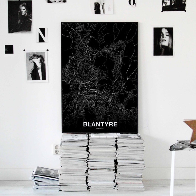 BLANTYRE Malawi Map Poster Black White Hometown City Print Modern Home ...