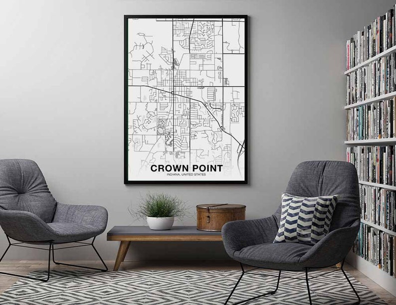 CROWN POINT Indiana USA Map Poster Black White Hometown City - Etsy