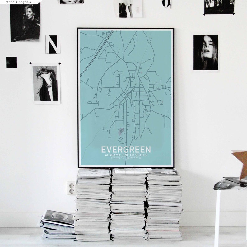 EVERGREEN Alabama USA Map Poster Black White Hometown City Print Modern ...