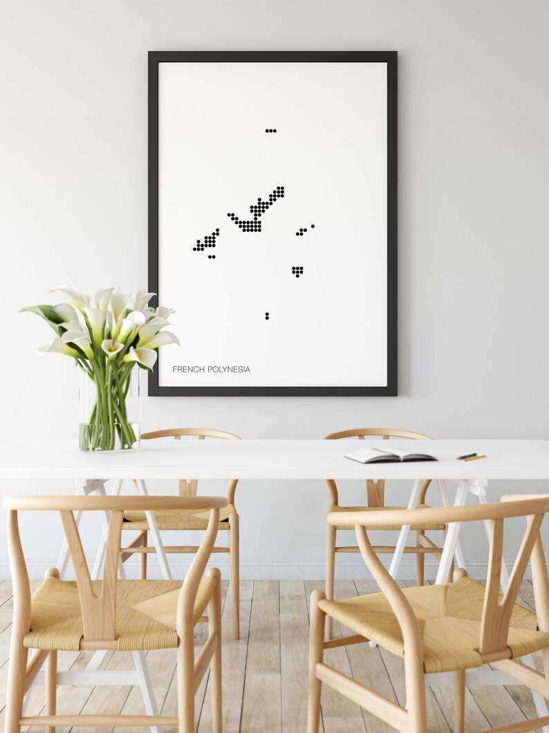 FRENCH POLYNESIA Minimal Dots Retro Map Poster Black White | Etsy