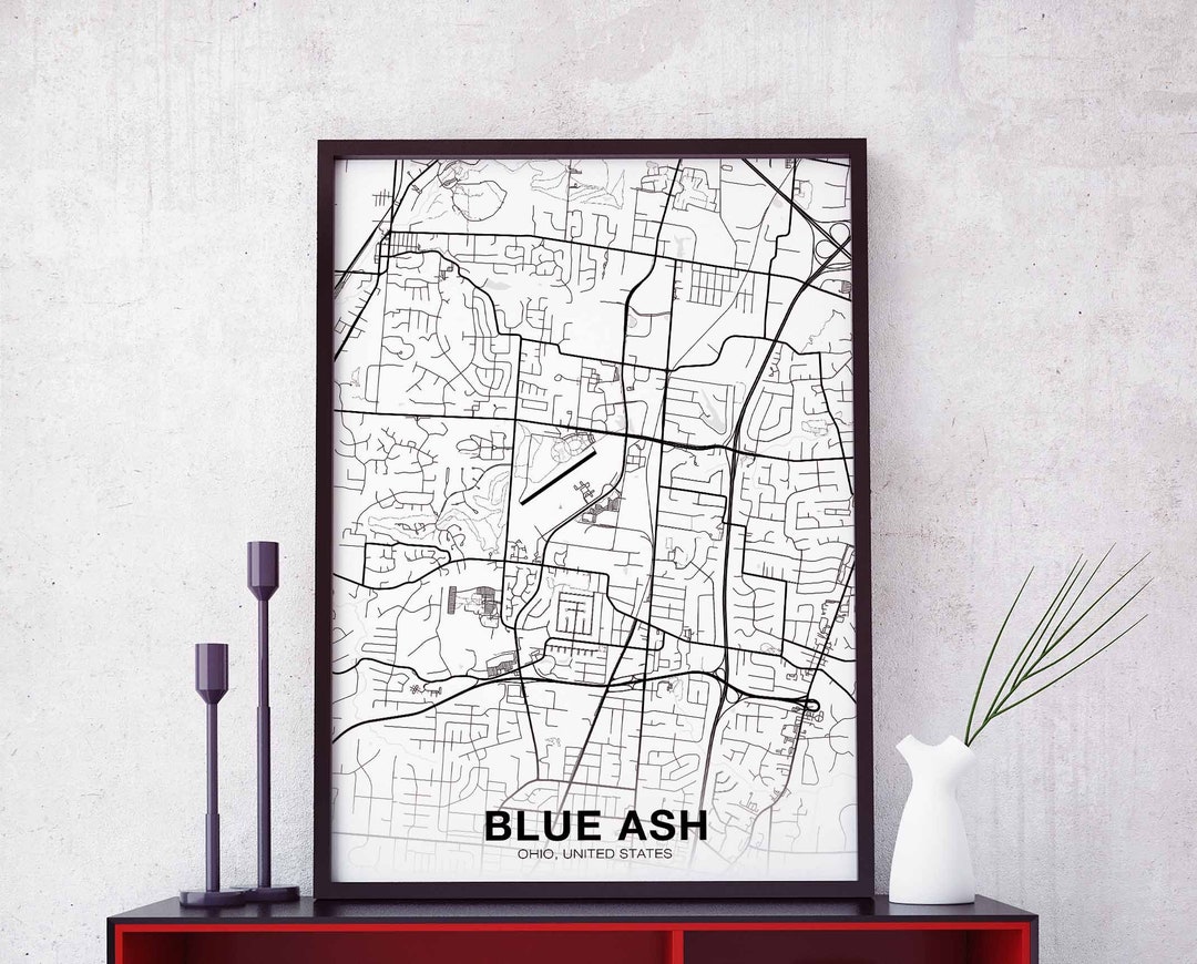 BLUE ASH Ohio USA Map Poster Black White Hometown City Print Modern ...