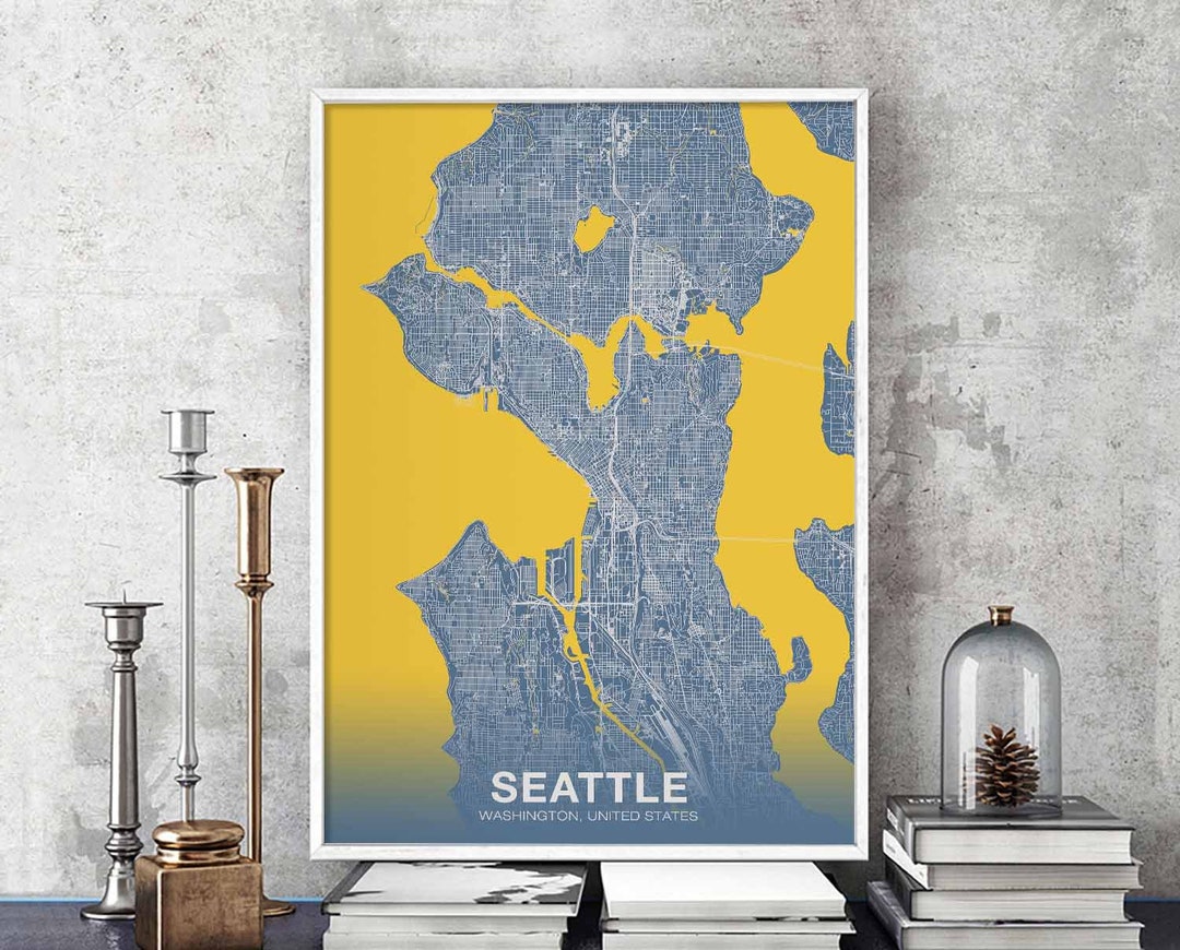 Póster de mapa de SEATTLE Washington WA US en color azul denim ...